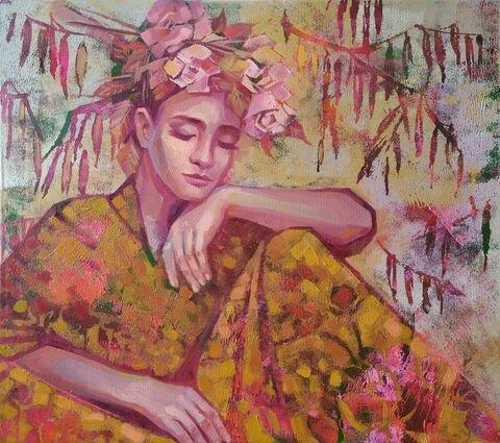 Картина: Девушка в саду Цветы Кимоно Теплые цвета