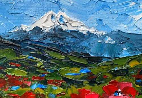 Картина паслом магнит Эльбрус маки горный пейзаж