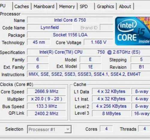 Процессор Core i5 750 (LGA 1156 4C 4T 2.66GHz 8MB)