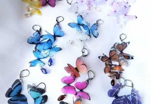 Серьги ручной работы с шелковыми бабочками