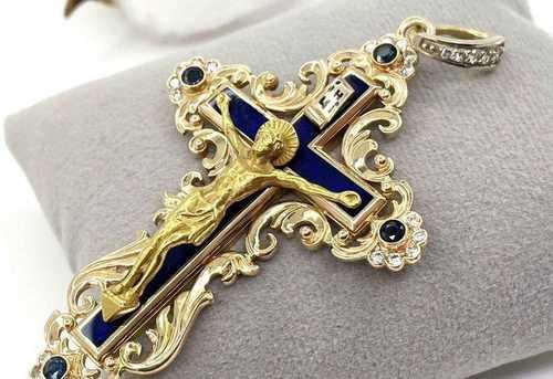 Новый золотой крест с бриллиантам и сапфирами 585