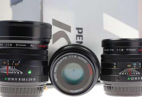 Pentax limited FA 31 f/1.8 AL,FA 43 mm, FA 77 mm