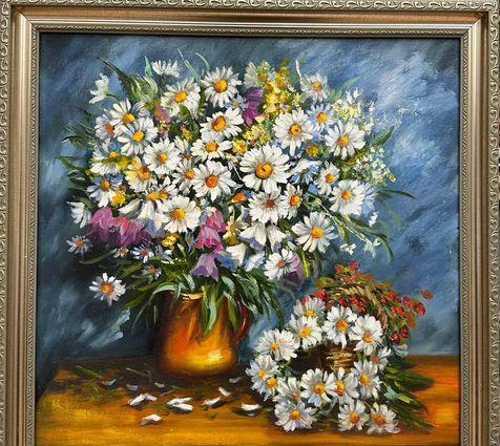 Картина маслом, цветы "Ромашки и колокольчики"