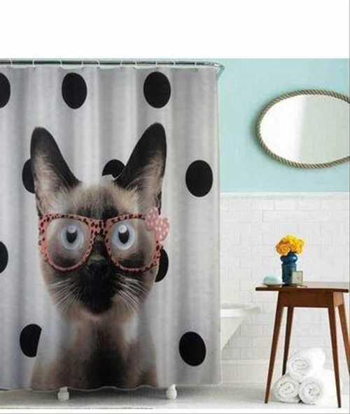 Шторка для ванной тканевая (180*180 см) "Кот в очк