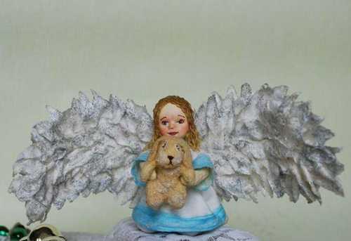 Ватная ёлочная игрушка: ангелочек с кроликом