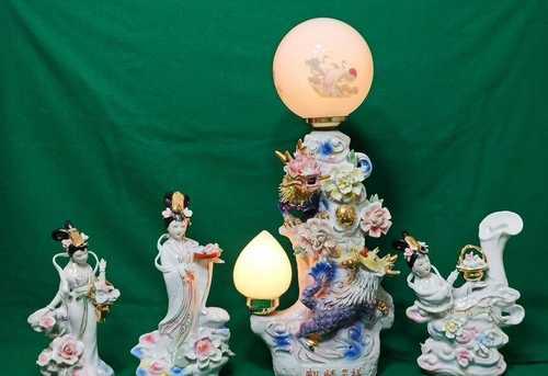 Лампа с драконами, статуэтки китаянок Китайфарфор