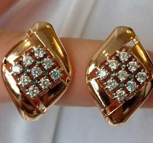 Серьги с цирконами классика покрытие золото