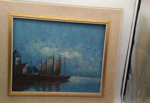 Картина "Лодки на берегу", подпись, холст, масло