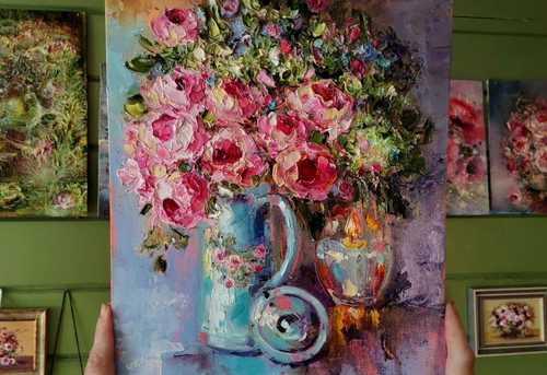Картина маслом с цветами "Розочки букет в кувшине"
