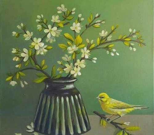 Картина цветы и птицы натюрморт с вишней