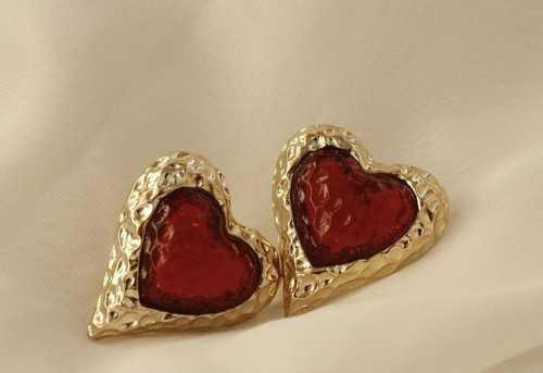 Новые серьги в винтажном стиле красное сердце