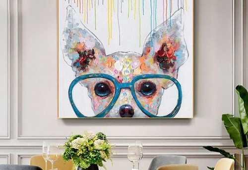 Картина на холсте собака и очки ручная работа