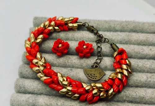 Комплект украшений серьги+браслет "Лотос" красный