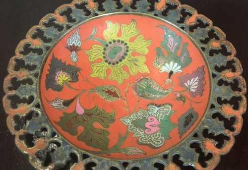 Тарелка латунь, гравировка, цветная эмаль Индия 19