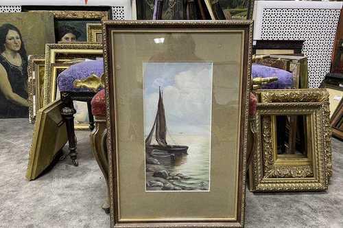 Картина в раме, пейзаж с лодкой
