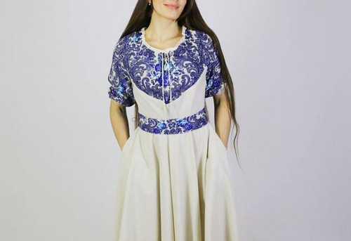Платье льняное из платка Гжель серо-голубое с карм