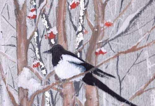 Картина с птицей и деревьями гуашь
