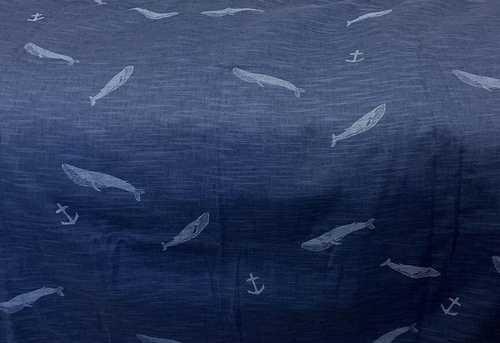 Штора хлопок синяя с китами 135х236см
