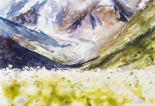 Картина акварелью горы "Горные луга"