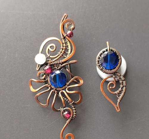 Каф и серьга с натуральными камнями в Wire wrap