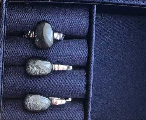 Серебряный комплект с натуральным обсидианом