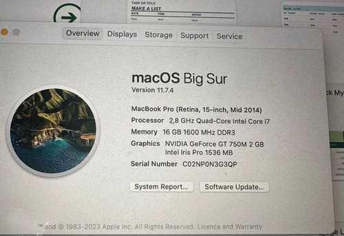 MacBook Pro 15 (2014), 1128 ГБ, Core i7, 2.8 ГГц, RAM 16 ГБ, GeForce GT 750M 2 ГБ