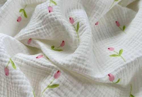 Ткань Муслин Премиум мелкие розовые цветочки тюльп