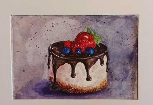 Картина акварелью "Десерт с клубникой"