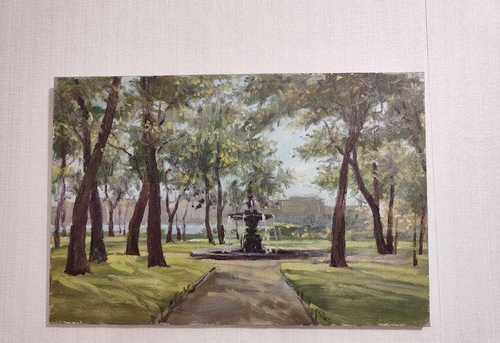 Картина маслом на холсте, фонтан в Петербурге