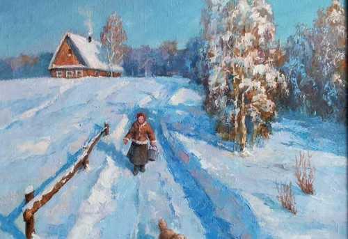 Картина маслом Зимушка-зима Деревенский пейзаж
