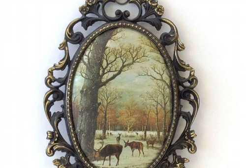 Панно довоенное роспись на шелке "Зимний лес"