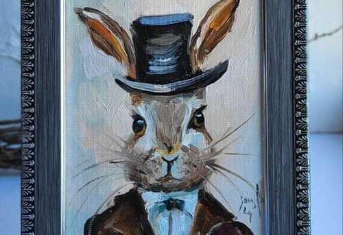 Кролик в смокинге, картина маслом на картоне