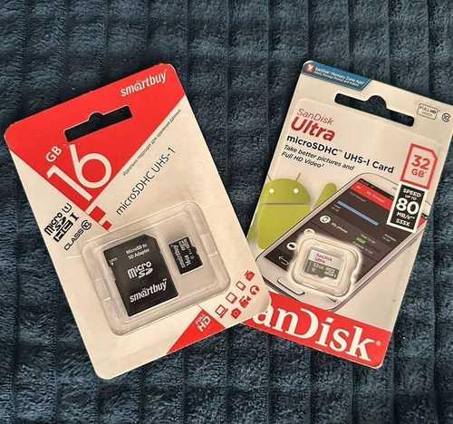 Карты памяти micro SD новые 32gb и 16gb