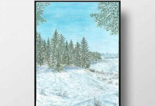 Авторская картина А4 акварель пейзаж Зима