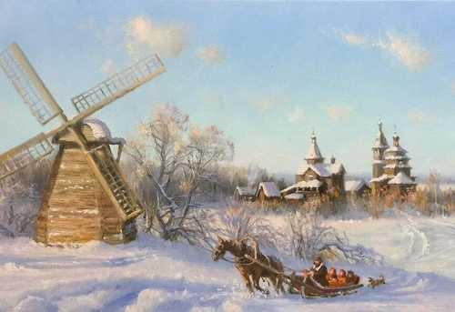Картина маслом на холсте зима лошадка