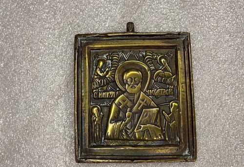 Старинная литая икона Николай чудотворец