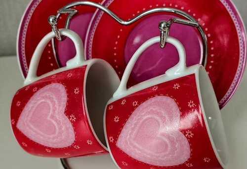 Пара кофейных чашечек "Любящие сердца"на подставке