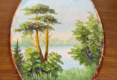 Красивая картина маслом на срезе дерева.СССР.1954г