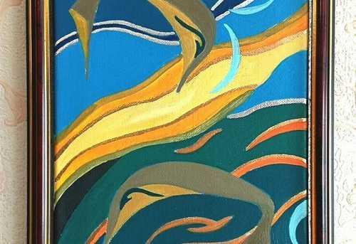 Картина Гармония Дельфины и море холст акрил 20х30