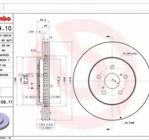 Brembo 09.A109.11 Диск торм. пер.вент.319x28 5 отв