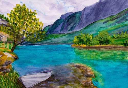 Картина акварель пейзаж лодка берег озеро Норвегия