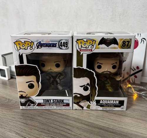 Funko pop тони старк и аквамен с коробкой