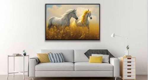 Картина маслом в интерьер Пара белых лошадей
