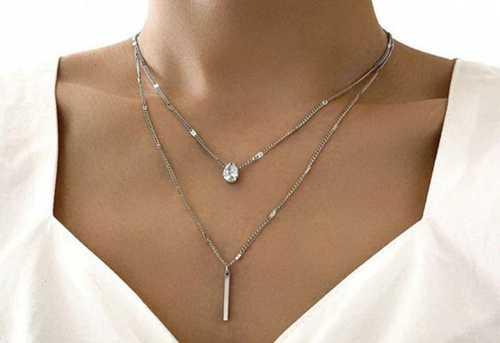 Женское двойное серебристое ожерелье с алмазом