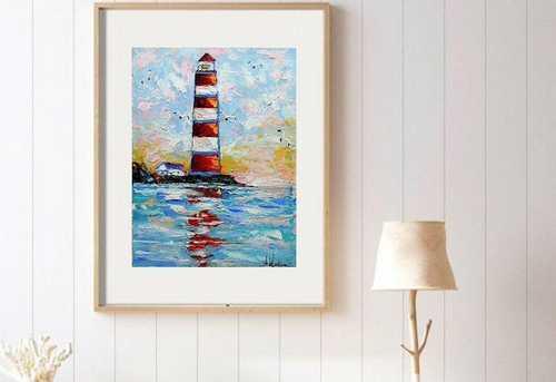 Картина маслом с маяком Морской пейзаж 20х15 см