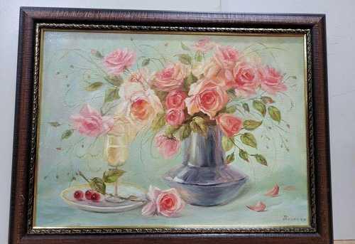Картина масло Розы в вазе Погосян В. 64*49 см