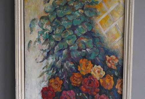 Картина "Розы, герань" худ. Р. Акопов 1991г. Масло