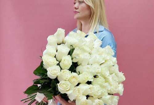 Букет из 51 белой Эквадорской розы 60см