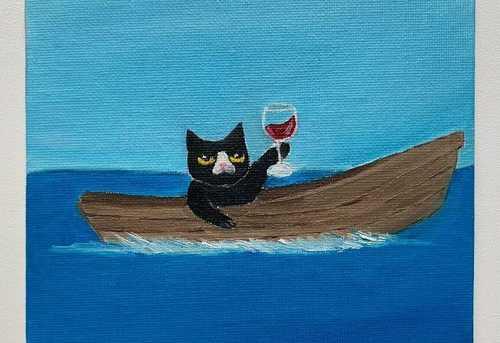 Картина маслом"Отпуск",кот с бокалом вина,холст