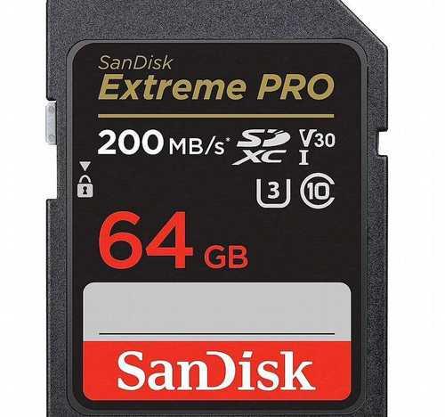 Карта памяти SanDisk sdxc Extreme Pro Class 10 UHS-I V30 U3 (200/90MB/s) 64GB
